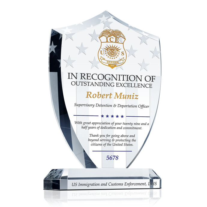Personalized Shield Shaped Crystal Retirement Gift Plaque for DHS ...